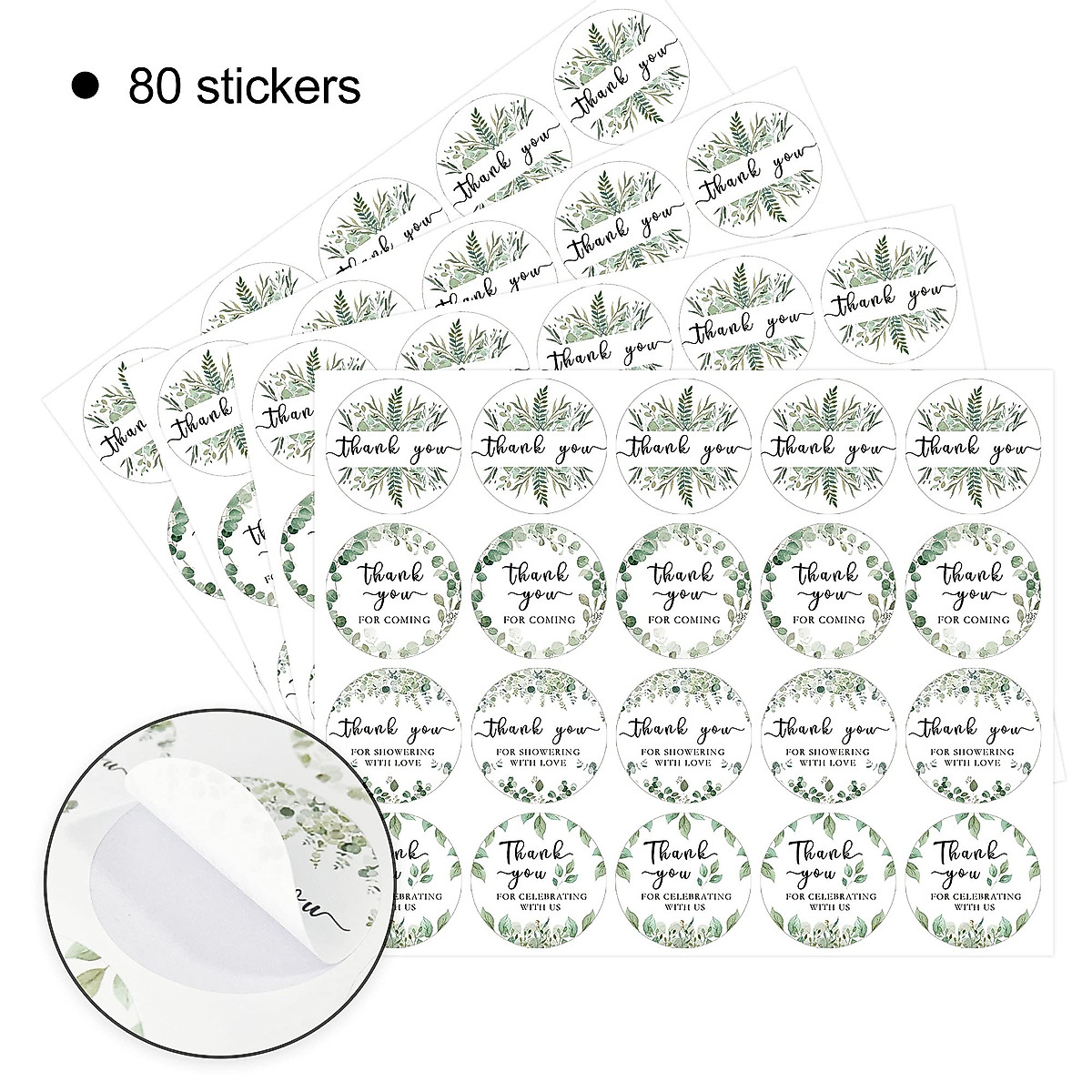 80 Greenery Frames Thank You Stickers, Watercolor Green Leaves Stickers, Perfect for Wedding, Bridal Shower, Baby Shower, Birthday Party Favors(2 Inch)