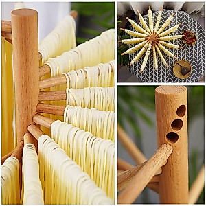 DlbvFoy Collapsible Pasta Drying Rack, Wooden Spaghetti Stand Dryer with 16 Suspension Rods Homemade Fresh Noodle Hanger, Noodle Drying Rack Easy Storage and Quick Set-Up Hanging Rack