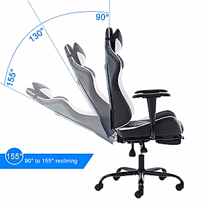 Gaming Chair PU Leather Racing Chair with Footrest, High Back Recliner Swivel Office Chair Headrest Ergonomic Lumbar Support Desk Chair, Executive Task Computer Chairs, White