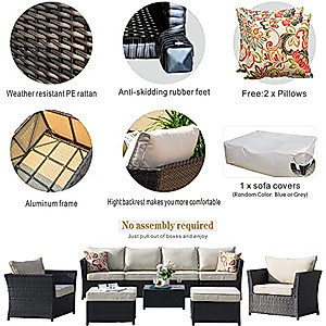 ovios Patio Furniture Set 9 PCS Outdoor Furniture PE Rattan Wicker Sectional Set with 2 Pillows and Coffee Table Backyard Garden Sofa Set, No Assembly Required (Beige)