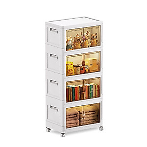 HPONQIONE Foldable Plastic Storage Box With Wheels and Doors XLLarge Storage Bin with Lid Organizers Stackable Storage Bins, Closet Organizers Double Door Magnetic with Universal Pulley(8.4Gal-4Pack)