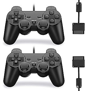 TUOZHE Wired Controller for PS2 Double Shock, 2 Pack Gamepad Remote Compatible with Play Station 2 (Two Black)
