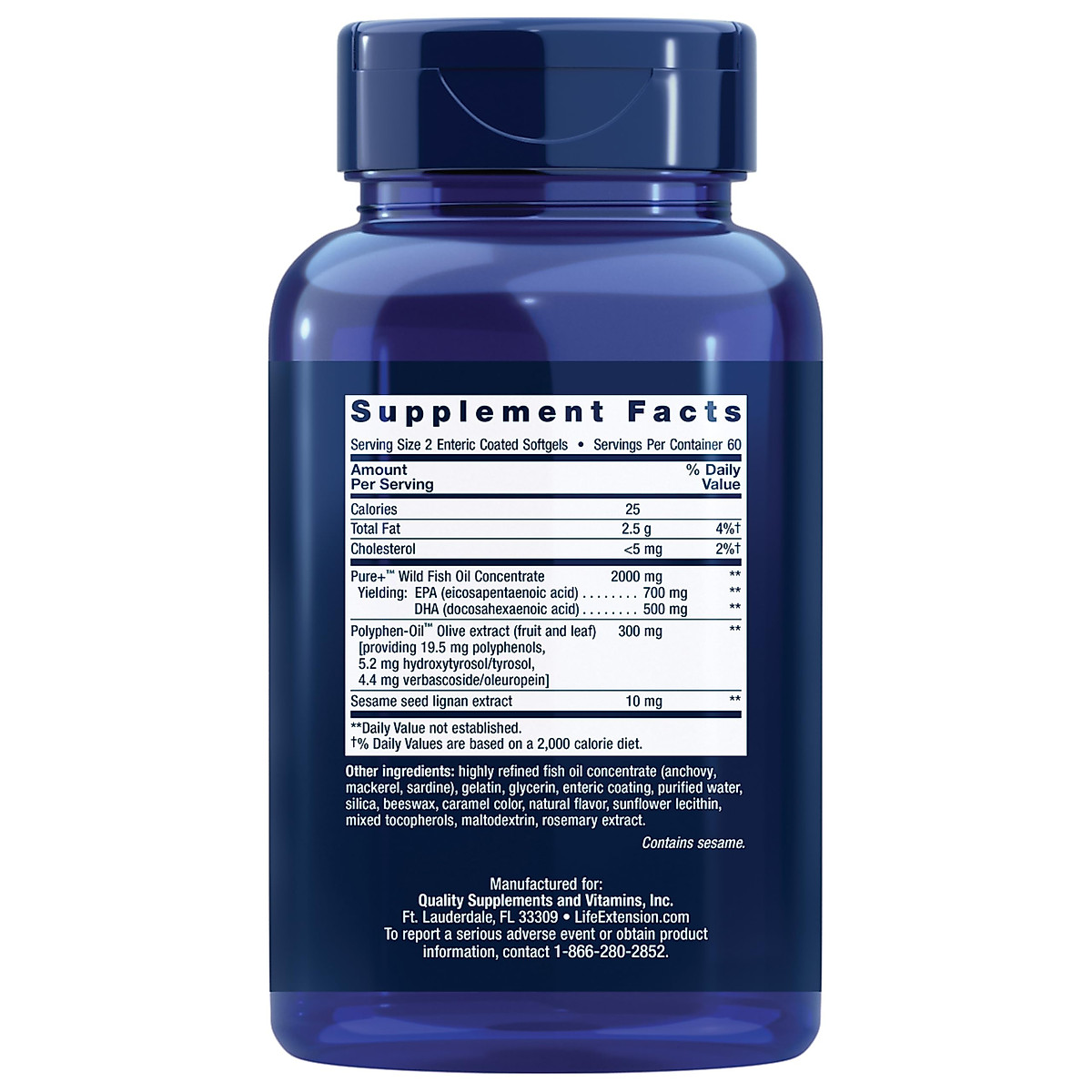 Life Extension Super Omega-3 EPA/DHA Fish Oil, Sesame Lignans & Olive Extract – Heart Health, Brain Health, Inflammation Health Support, Gluten-Free, Enteric-Coated, Non-GMO, 120 Softgels