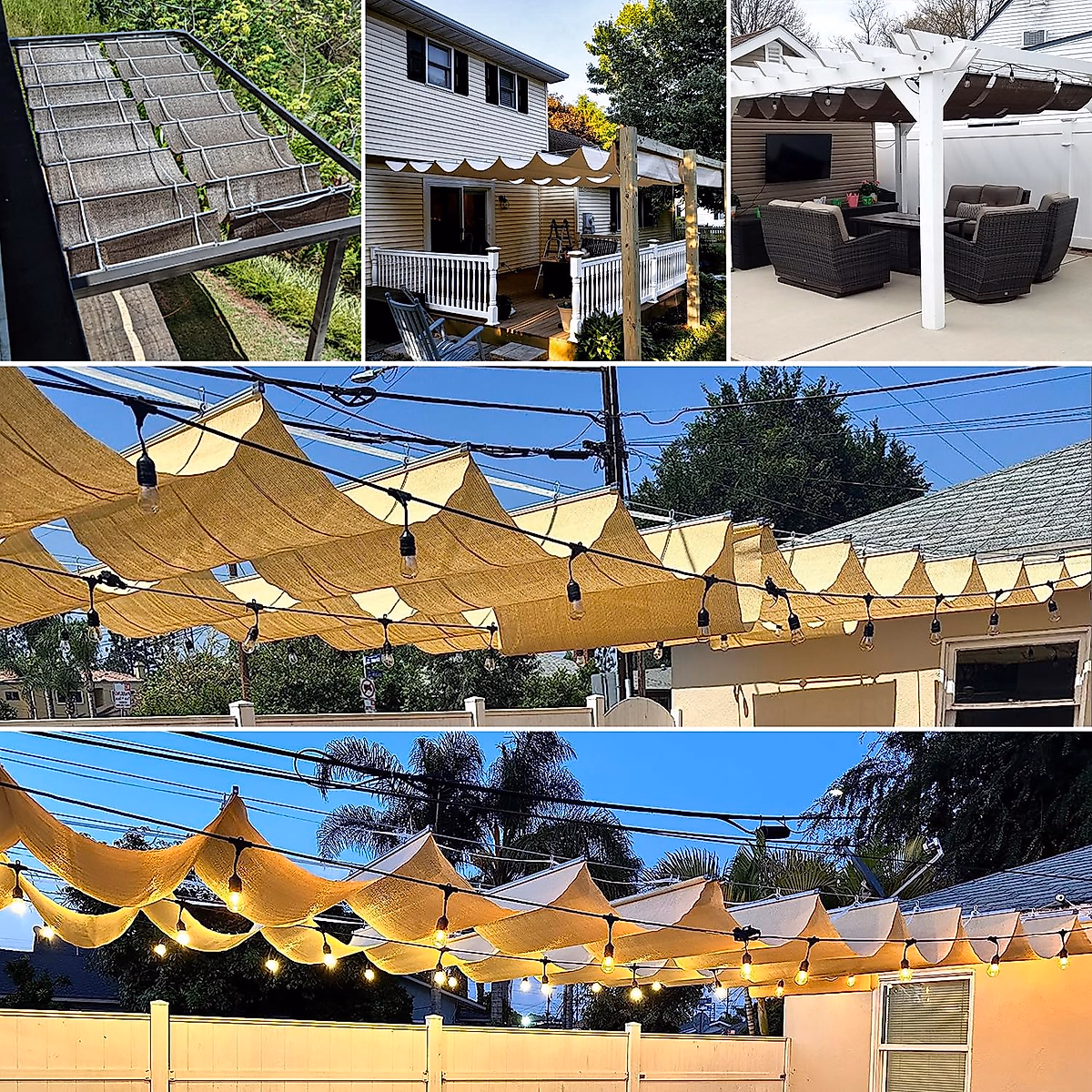 TANG 4' X 12' Retractable Pergola Shade Cover Replacement Shade Covers for Deck Porch Patio Permeable Wave Shade Sail Removable with Hardware Wire Cable(Beige)
