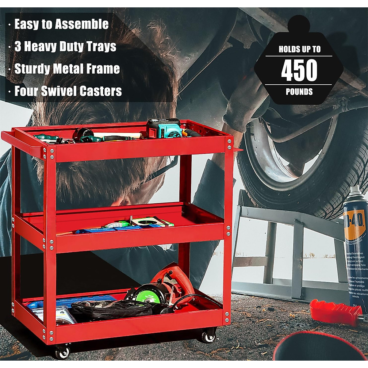 BRLJUNEO Tool Cart on Wheels, 3 Tier Rolling Mechanic Tool Cart, Heavy Duty Steel Utility Cart w/Lockable Wheels, 450 LBS Capacity Industrial Service Cart for Garage, Warehouse, Workshop (Bright Red)