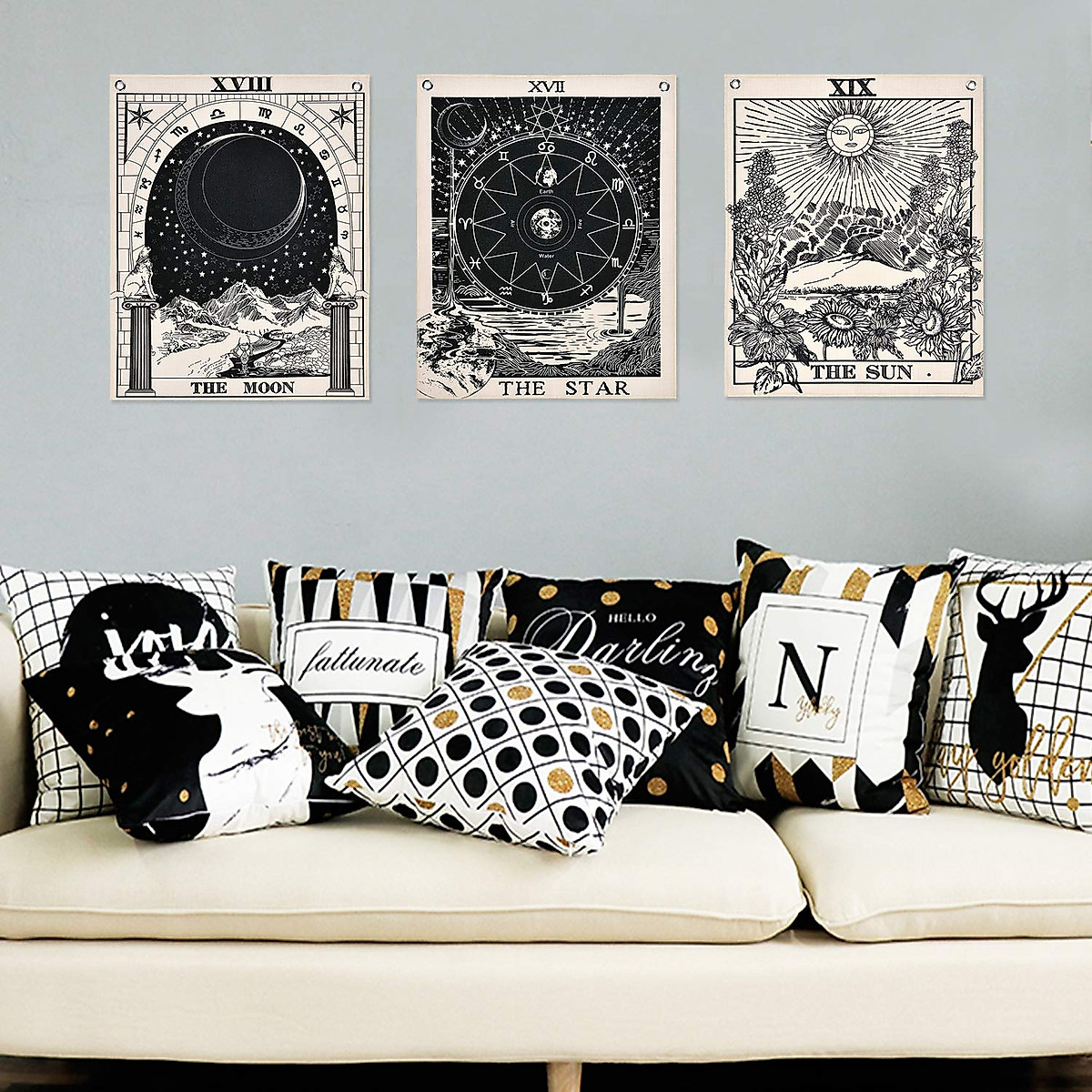 Likiyol Pack of 3 Tarot Tapestry The Sun The Moon The Star Tarot Card Tapestry with Rustproof Grommets, Seamless Nails (Black white, 11.8 x 15.7 inches)