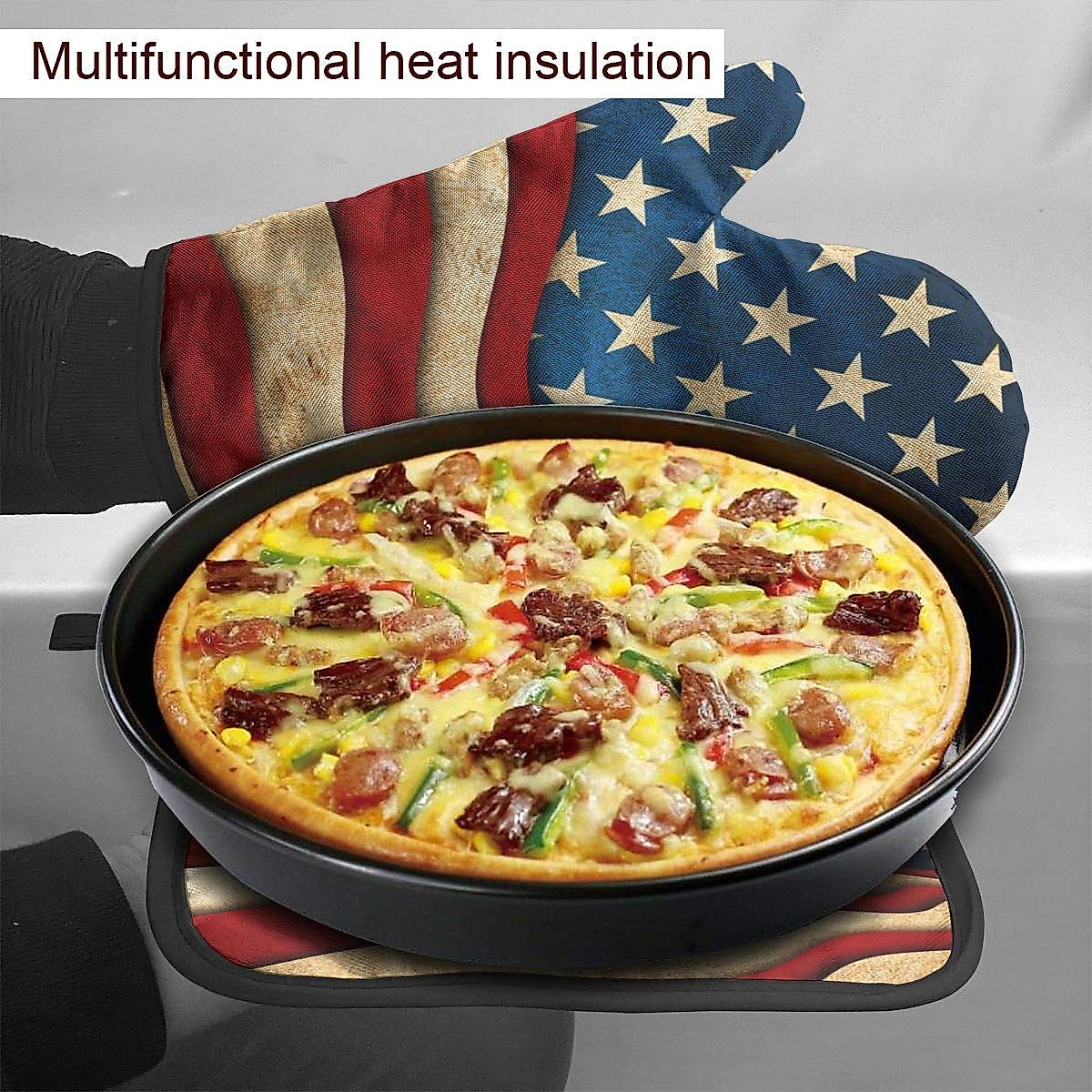 VunKo Retro American Flag Oven Mitts and Pot Holders Sets Heat Resistant Kitchen Oven Gloves Non-Slip for Safe BBQ Cooking Baking Grilling Set of 2