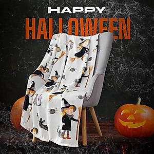 Halloween Throw Blanket: Cute Girl Witch with Faithful Cat Surrounded by Spiders and Bats Print on Fuzzy Soft Velvet Fleece Throw Blanket