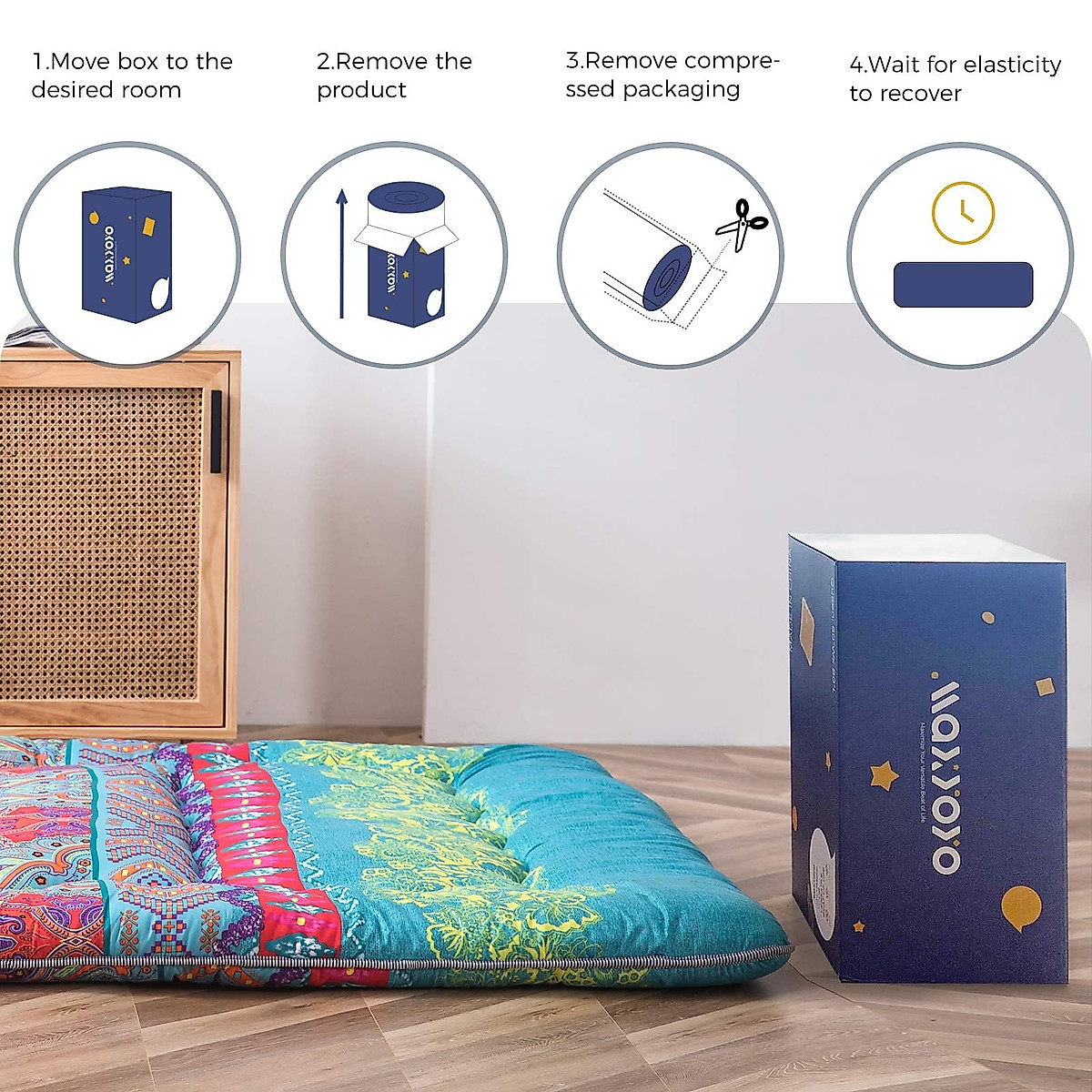 MAXYOYO Bohemian Retro Mattress Boho Floral Style Japanese Futon Mattress Tatami Floor Mat Foldable Lounger Portable Camping Sleeping Pad Couch Bed Twin Size