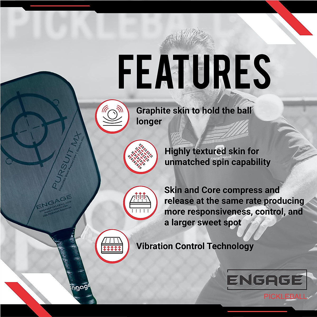 Engage Pursuit MX Graphite Pickleball Paddle – Rough Texture for Long Lasting Spin – Responsive Core for Control and Feel – Standard Grip, Standard Weight (7.9-8.3 oz) - USAP Approved