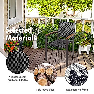 Tangkula 2 Pieces Outdoor PE Wicker Stackable Chairs, Patio Dining Chairs with Solid Acacia Wood Armrests, Indoor Outdoor Bistro Chairs for Garden, Poolside and Backyard (1, Mix Brown)
