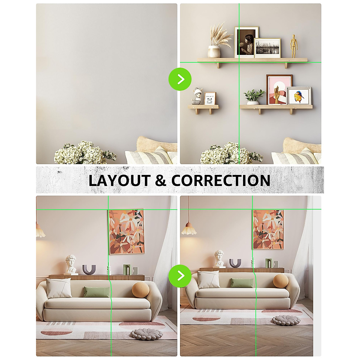 HUEPAR Laser Level Self-Leveling - 100 feet DIY Bright Green Cross Line Laser Leveler for Picture Hanging, Tile, Decoratio and Construction Indoor Project, 360° Magnetic Base & Battery Included