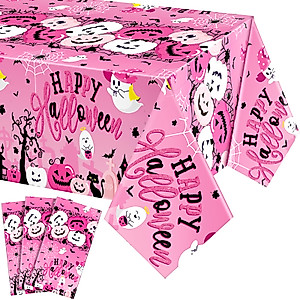 Oudain 3 Pcs Pink Halloween Tablecloth for Girls Plastic Happy Halloween Table Covers 54 x 108 Inch Disposable Ghost Pumpkin Table Cloths Halloween Boo Birthday Party Baby Shower Supplies