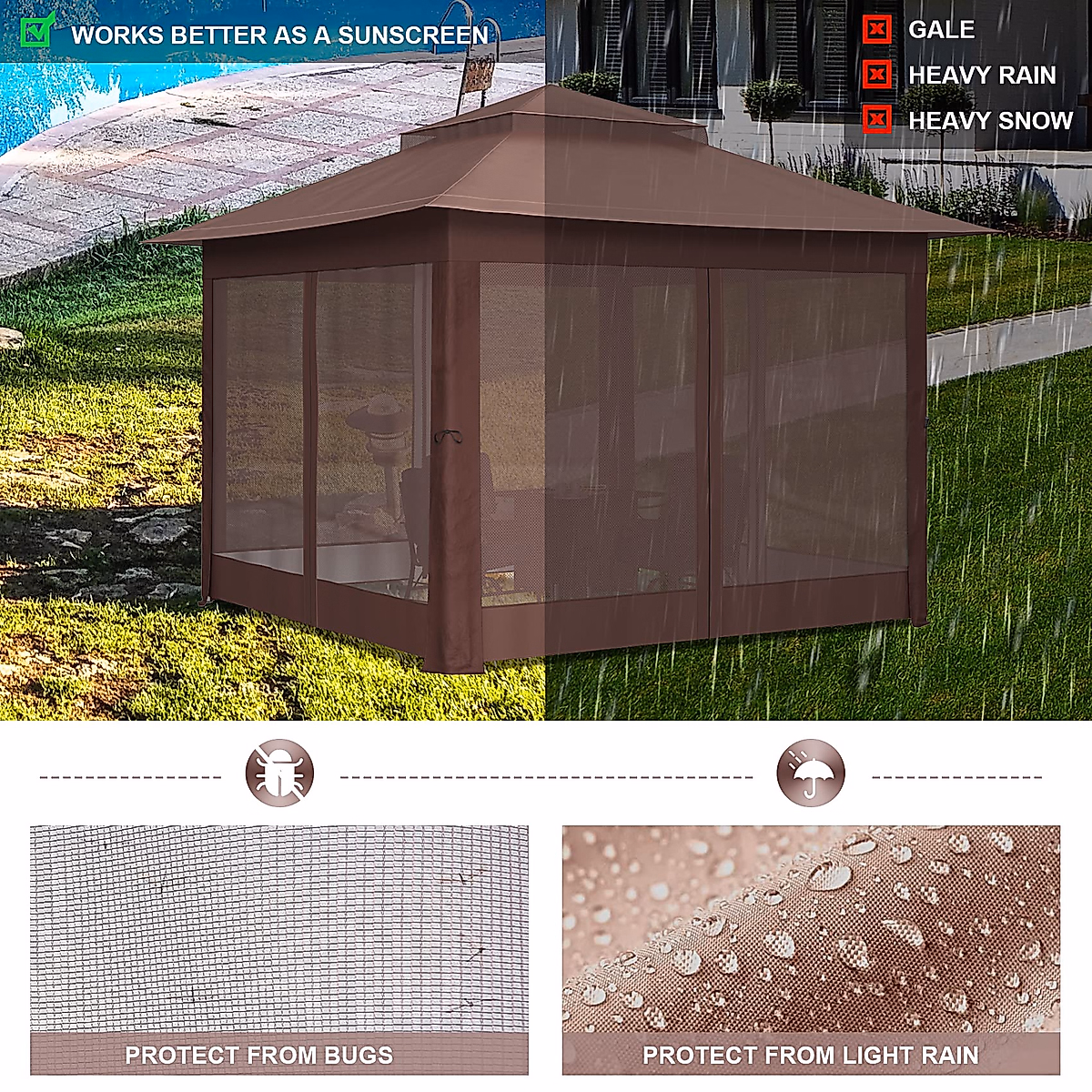 Gazebo, CBBPET 13'x 13' Pop Up Gazebo with Mosquito Netting, Outdoor Gazebo Canopy with Double Roof Tops and 169 Square Feet of Shade for Patio, Group Gatherings, Camping Shelter (Brown)