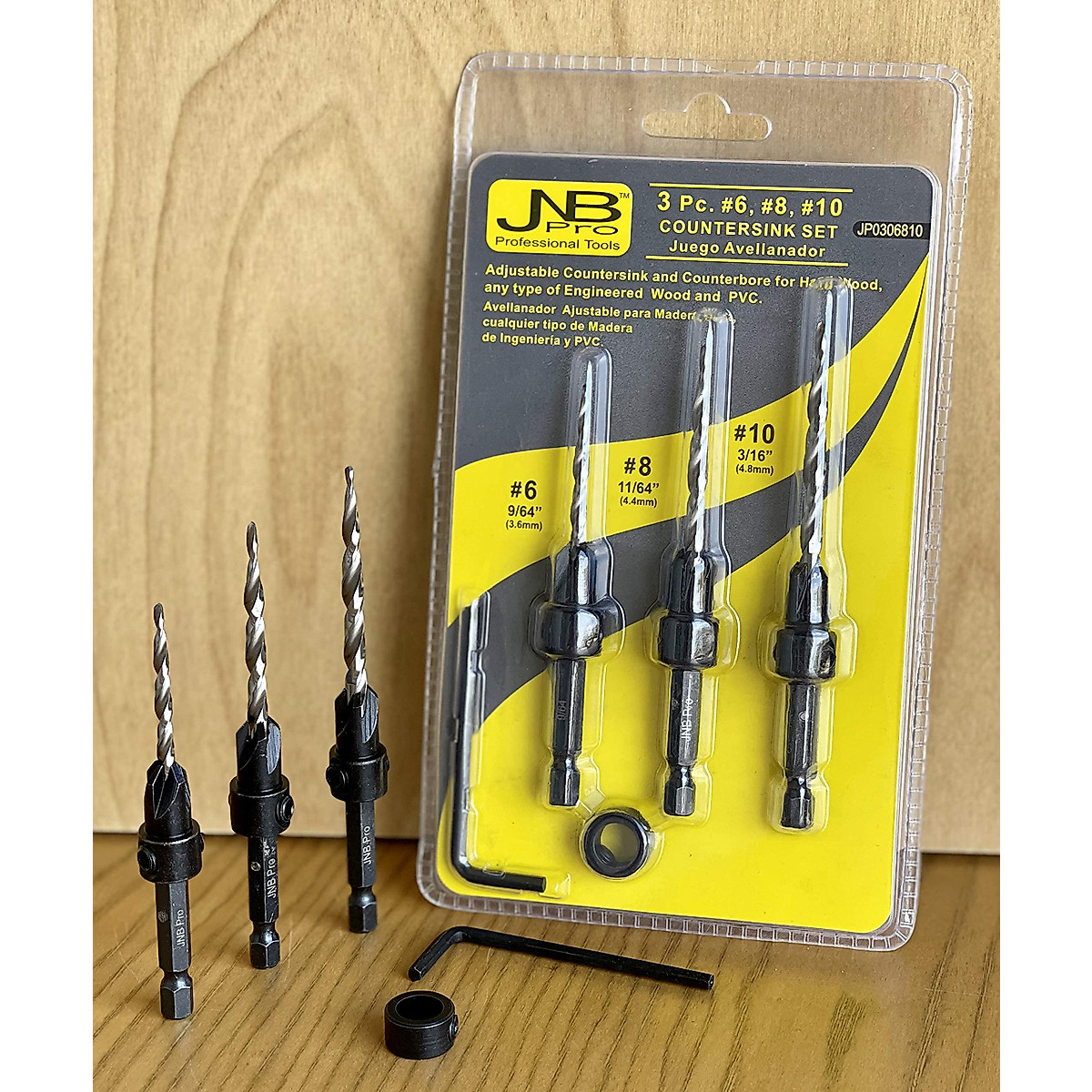 JNB Pro Wood Countersink Drill Bit Set 3 Pieces #6 (9/64') #8 (11/64") #10 (3/16") Avellanador para Madera with Adjustable Stop Collar and Hex Wrench - Quick Change Woodworking Drill Bits