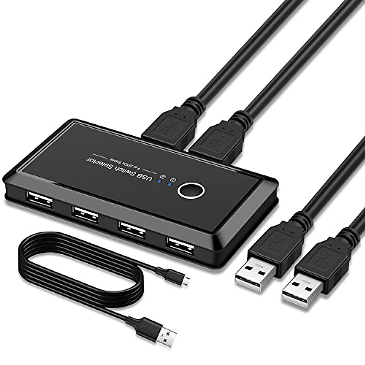 USB Switch Selector KVM Switch 2 Computers Sharing 4 USB Devices USB 2.0 Peripheral Switcher Box Hub for Mouse Keyboard Scanner Printer PCs with One-Button Swapping and 2 Pack USB A to A Cable