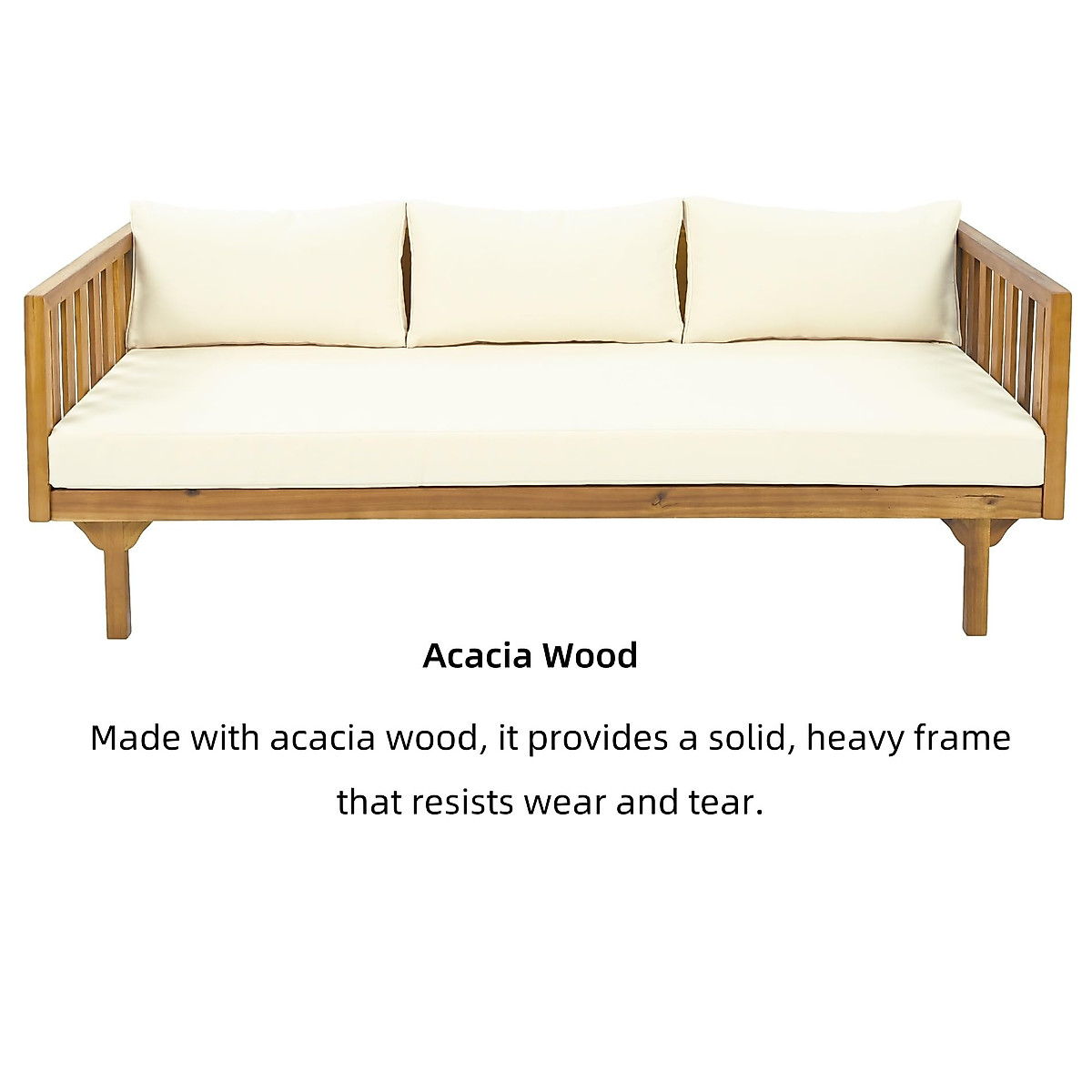 Merax Outdoor 3 Seater Daybed, Acacia Wood Day Bed Couch Sofa with Cushions for Patio Backyard, Garden, Beige