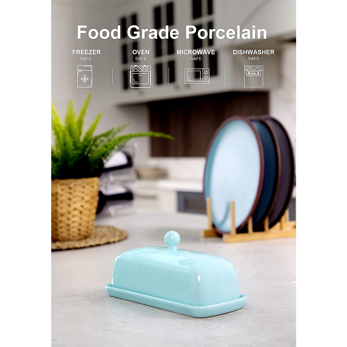 Nucookery Ceramic Butter Dish with Lid | Raised Legs and Non-Slip Strip Design | Porcelain Health | Dishwasher Safe, Lake Blue