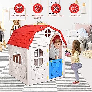 Costzon Kids Foldable Playhouse, Portable Game Cottage with Windows, Door, Realistic Home and Garden Play House, Gift for Toddler Boys Girls Indoor Outdoor