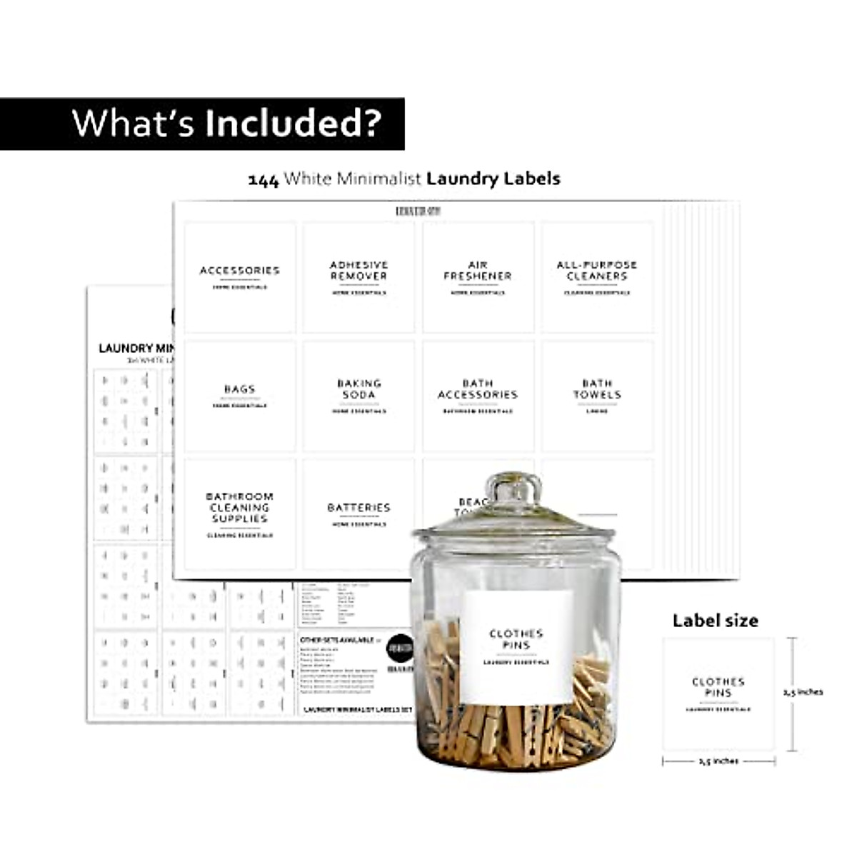 Dekluttr 144 Minimalist Laundry Labels for Organizing Linen, Storage, and Laundry Room Preprinted Organization Labels for Storage Bins Containers and Jars