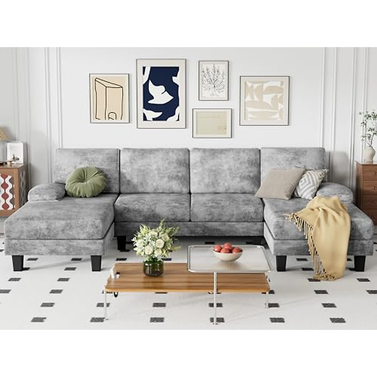 YESHOMY Convertible Sectional Sofa U-Shaped Couch with Soft Modern Cotton Chenille Fabric for Living Room, Oversized Seats with Comfortable Backrest, Gray