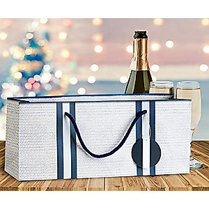 Simply Charmed Wine Gift Bags – White with Basket Weave Pattern and Navy Stripes Purse Style Set of 3