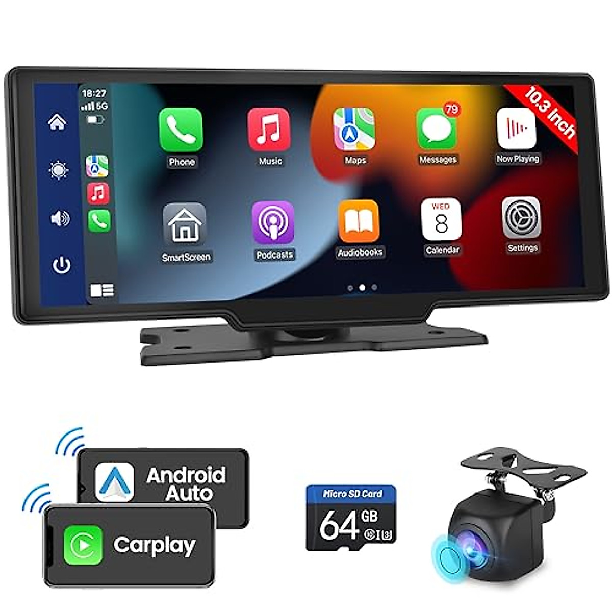 10.3 Inch Wireless Car Stereo Apple CarPlay with 1080P Backup Camera, Portable Wireless Android Auto Screen for Cars, Bluetooth Car Audio Receiver with AUX 64G TF Card