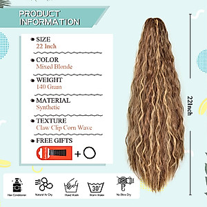 YEAME Wavy Ponytail Extension Claw Clip, 22 Inch Corn Wave Pony Tail Synthetic Brown Mixed Blonde Hair, Long Curly Jaw Ponytail Hair Extainson for Women Girls (Brown Mixed Blonde)