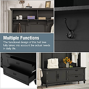 Wide Hall Tree with Storage Bench Coat Rack with Cabinet and 2 Drawers Wooden High Back Mudroom Bench with 5 Hooks for Mudrooms Organization Entryway Living Room, Black