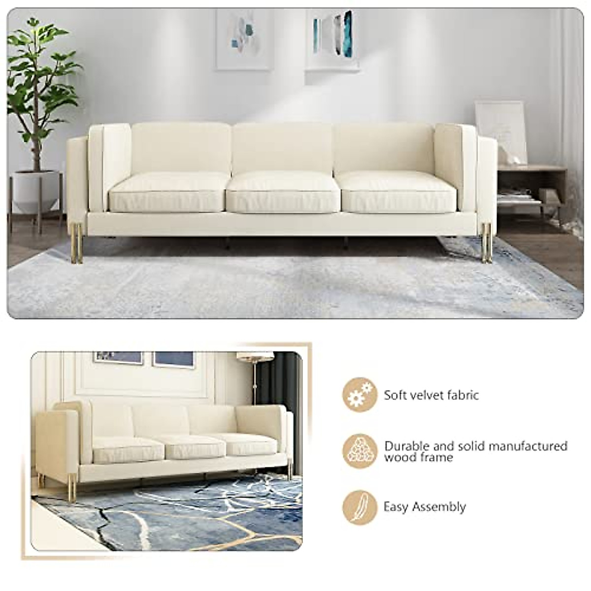 Hommoo 94" W 3 Seat Couch Mid Century Velvet Sofa with Metal Gold Legs Chesterfield with Removable Cushion Comfortable Sofa Couch for Small Apartment Living Room Bedroom Beige