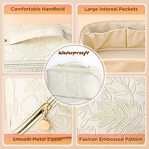 Large Capacity Travel Cosmetic,Makeup Bag Portable PU Leather Waterproof Flat Open Storage Bag with Handle Skincare Toiletry Bag for Women Graduation Gifts (White Embossed)