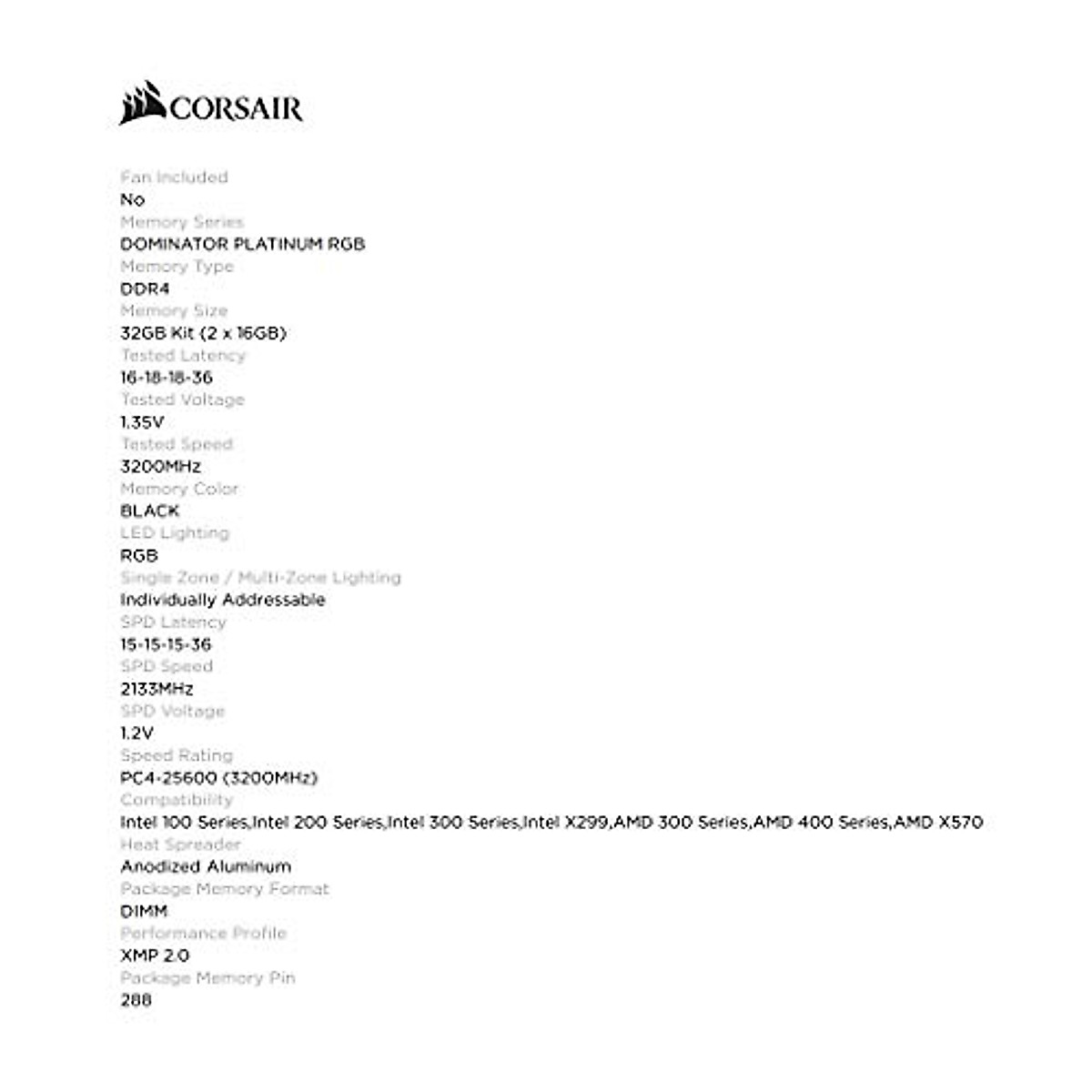 Corsair Dominator Platinum RGB 32GB (2x16GB) DDR4 3200 (PC4-25600) C16 1.35V Desktop Memory