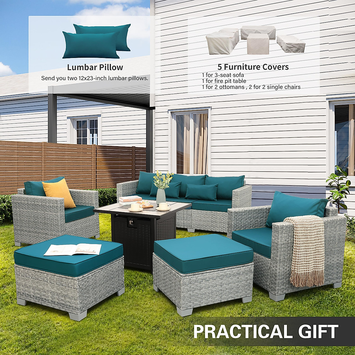 WAROOM Patio Furniture Set 6 Piece Outdoor Patio Set Grey Wicker Balcony Furniture Conversation Sets PE Rattan Couch Sofa with Fire Pit Table, Peacock Blue Cushion