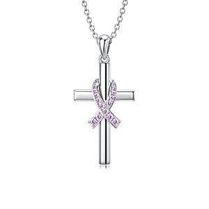 LEECCI 925 Sterling Silver Breast Cancer Awareness Necklace Cross Pendant Necklace Pink Ribbon Necklace Breast Cancer Survivor Gifts for Women
