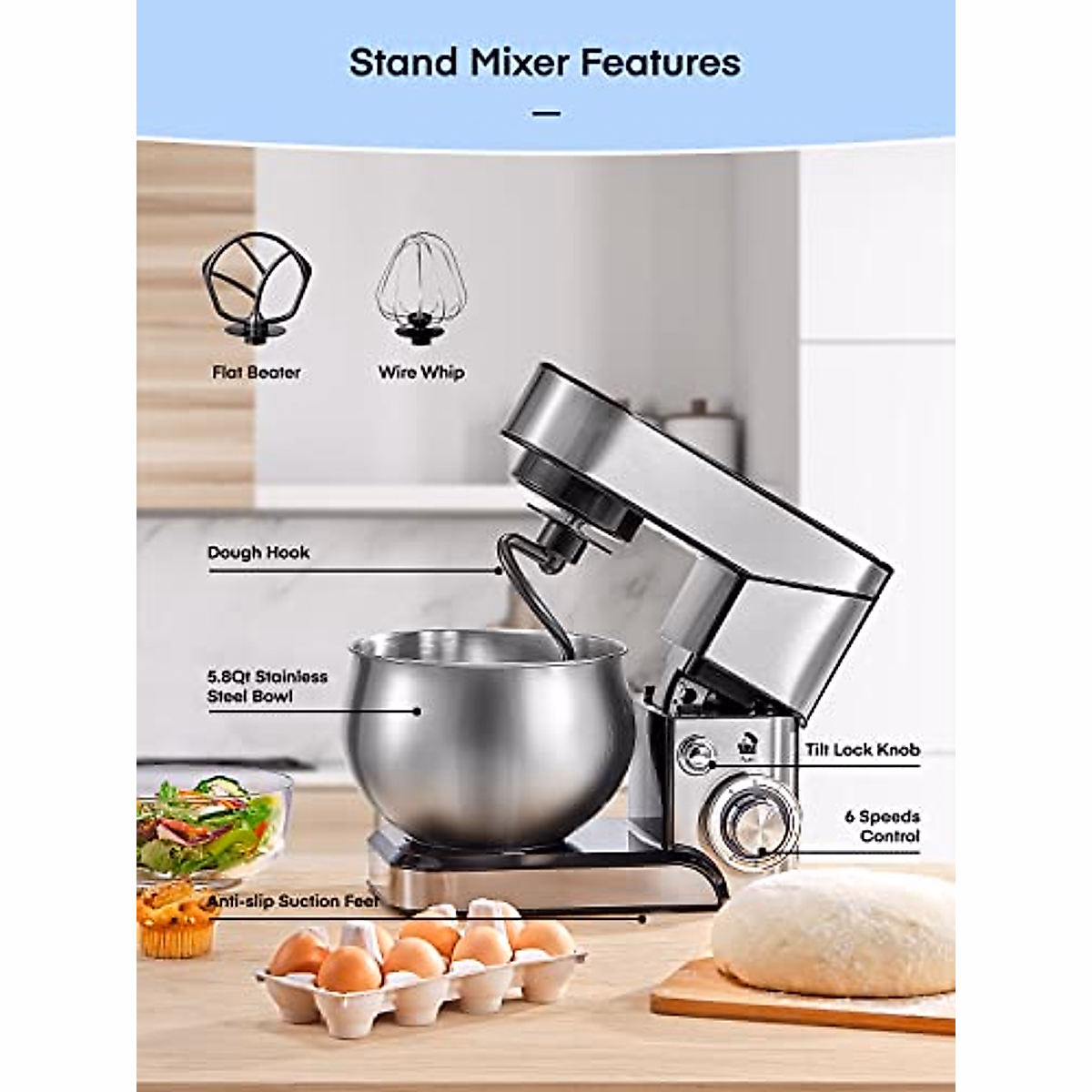 Stand Mixer FOHERE, 6-Speed Stainless Steel Mixer with Dough Hook, Mixing Beater, Wire Whip, Dishwasher-safe, Tilt-Head Kitchen Dough Mixers for Cake, 5.8 QT Electric Home Cooking Kitchen Mixer