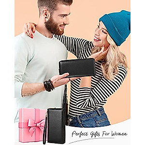 Chelmon Womens Wallet Large Capacity Zip Holder Clutch Bifold Wrist Strap Long Purse Black