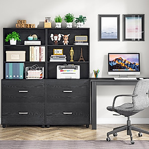Tribesigns Vertical File Cabinet Modern Wood Filing Cabinet with 2 Large Drawer fit Letter/A4 Size, Large Printer Stand with 4 Open Storage Bookshelves for Home Office, Black