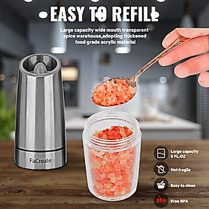 FaCreate Gravity Electric Salt and Pepper Grinder Set,Battery Powered Automatic Operation Electric Salt and Pepper Shakers,LED Light Adjustable Coarseness Premium Stainless Steel Mill of 2 (SILVER)