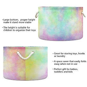 ALAZA Large Storage Basket for Toys Purple Tie Dye Rainbow Print Round Blanket Basket Laundry Hamper Canvas Organizer Bin Box Cotton Rope Collapsible Bucket Pillow Home Decor