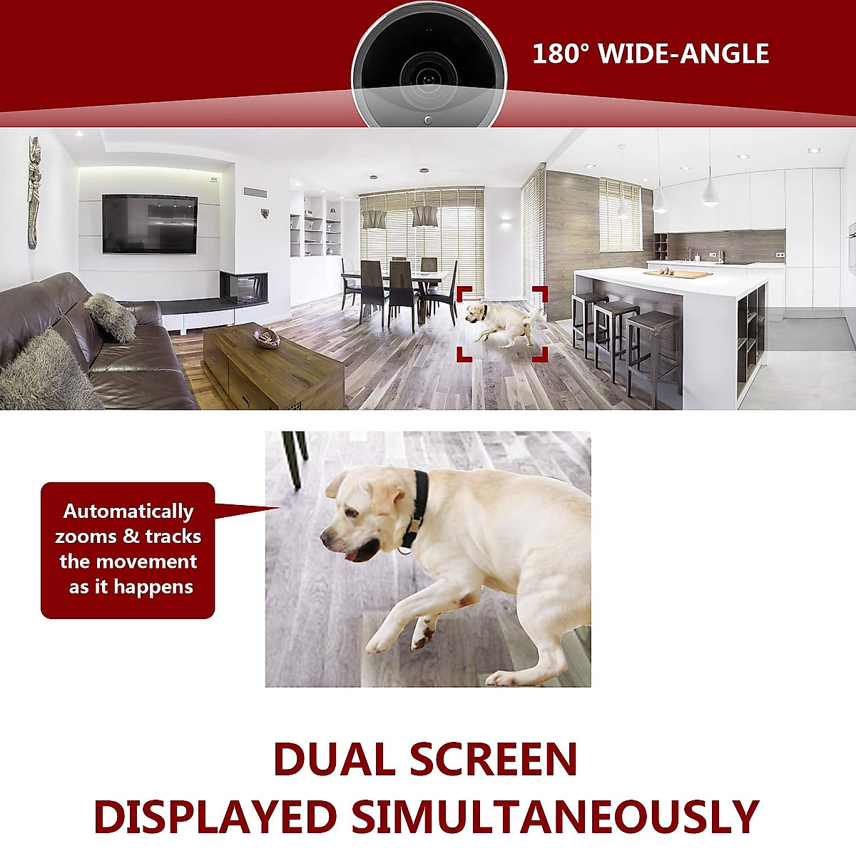 Apone 5MP IP Security Cameras Intdoor for Home Surveillance, Dual Screen Auto Tracking, Motion Detection, Tilt Baby Monitor Camera with 180-degree for Night Vision, Up to 128GB SD Card Supported