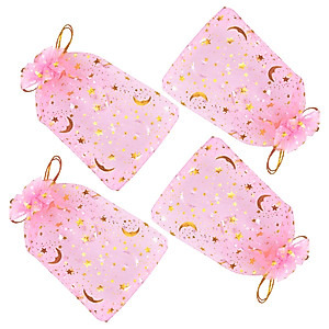 DIYOMR 120Pcs Dream Night Sky Star Moon Gold Organza Lovely Bags Jewelry Cosmetic Bags 4.3x6.3 Inch Drawstring Mesh Favor Pouches Giftwrap Bags for Wedding Party Gift Packaging (Pink)