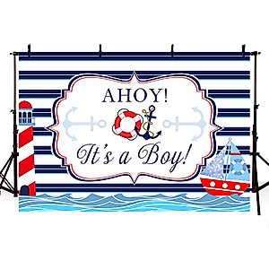 ABLIN 7x5ft Ahoy Nautical Boy Baby Shower Backdrop It's a Boy White Blue Stripes Marine Sea Lighthouse Ship Background Newborn Baby Gender Reveal Party Decor Banner Photo Booth Props