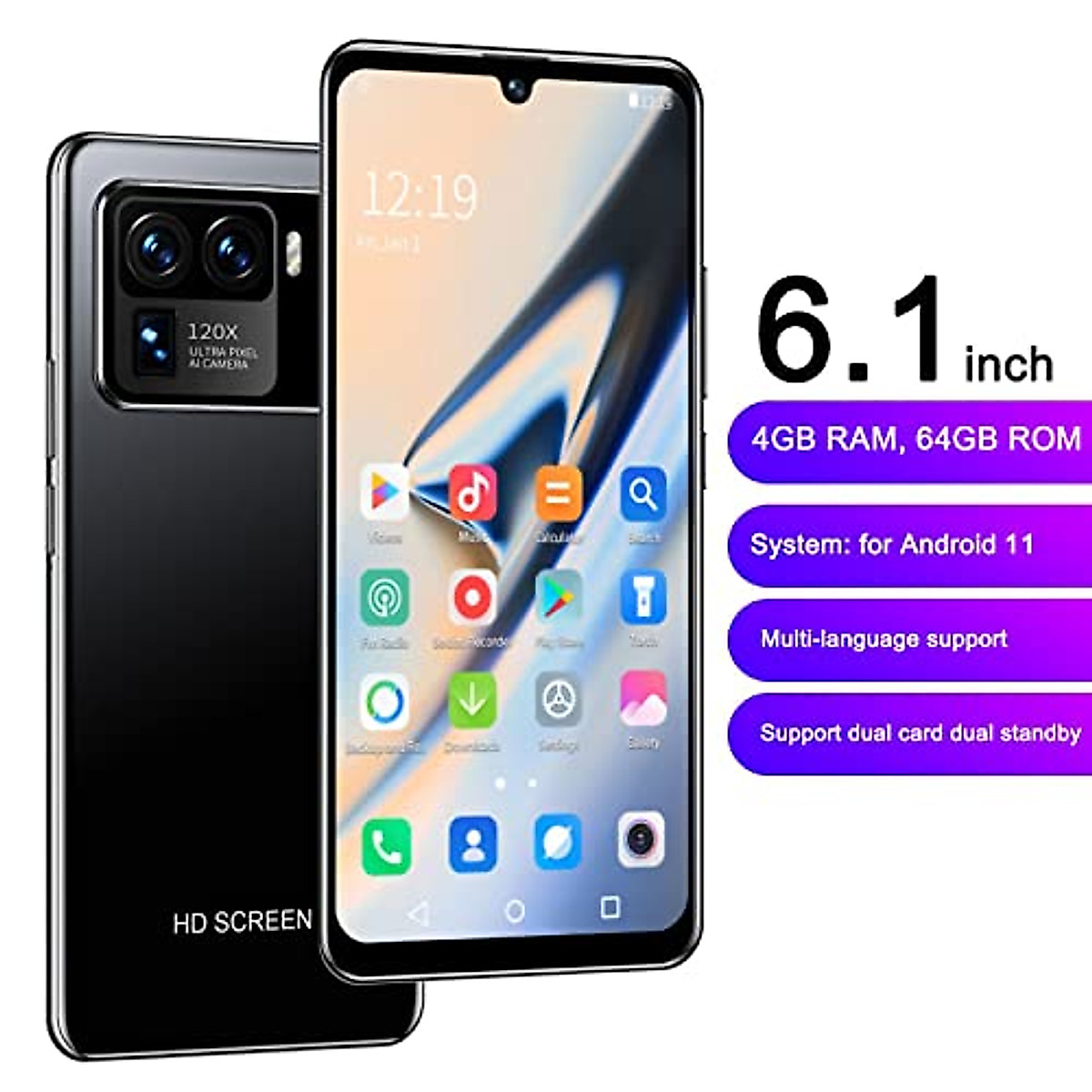 Smartphone, HD Screen Unlocked Mobile Phones, 6.1 Inch 4GB 64GB Cell Phone, 1080x1920 800W 3200W Camera Support Bluetooth GPS Microphone FM Radio(Matte Black)