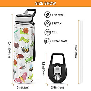 Boccsty Butterfly Bugs Kids Water Bottle with Straw Beetle Dragonfly Ladybug Bee Snail Sports Bottles BPA-Free Tritan Plastic Water Jug for Women Men Gym Outdoors