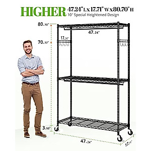 HOKEEPER Heavy Duty Wire Garment Rack Clothes Rack with Shelves and Double Rods, Rolling Clothing Rack for Hanging Clothes, Portable Freestanding Closet Storage Shelves Rack with Wheels and Hooks