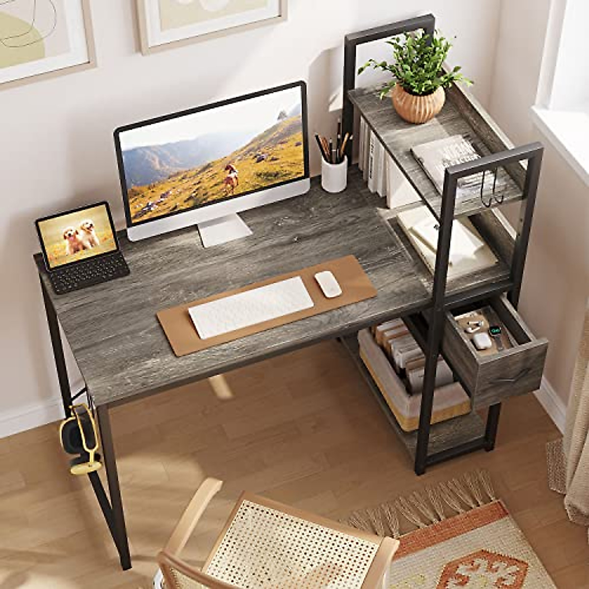 Bestier Home Office Desk with Drawer and Cable Management Rack, 47 Inch Computer Desk with Shelves, Writing Desk with Reversible Storage Bookshelf (Retro Grey Oak Dark)