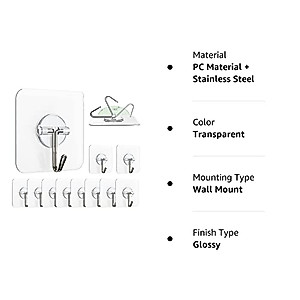 MEILIDY Adhesive Hooks, Transparent Self Adhesive Wall Hooks Heavy Duty Removable Waterproof Clear Plastic Sticky Hooks Seamless Utility Hooks for Bathroom Shower Kitchen Ceiling - 12 Pcs