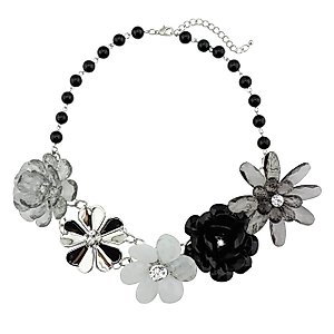 Bocar 5 Flower Braided Crystal Statement Chunky Necklace Bib Collar Pearl Jewelry for Women (NK-10127-black)