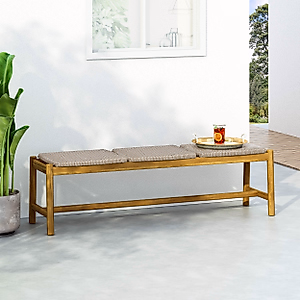 Christopher Knight Home Phoebe Outdoor 3 Seater Wicker Bench, Teak Finish, Light Gray