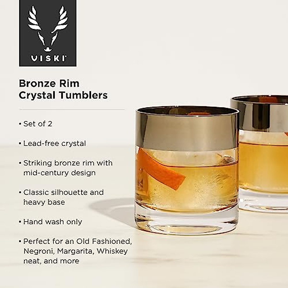 Viski Irving Bronze Rim Crystal Lowball Tumblers Set of 2 - Premium Crystal Clear Cocktail Glass Bronze Rimmed Glassware, Stylish Lowball Whiskey Glass Gift Set, 8 oz